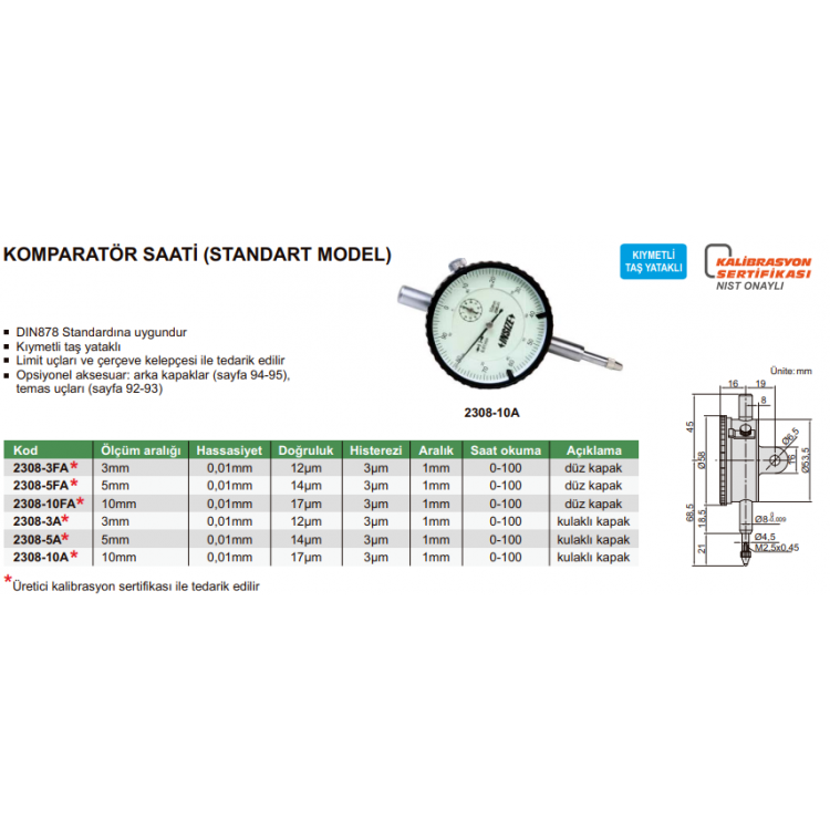 Insize Mekanik Komparatör Saati (Standart Model) 10mm | 2308-10A